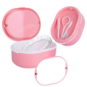 double layer dry and wet separation portable retainer case kit, with strainer aligner removal tool, layered seal against dust denture case, orthodontic dental retainer box for household travel (pink)