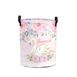 custom watercolor floral swan pink laundry basket handles collapsible hamper foldable storage bin living room office bathroom bedroom