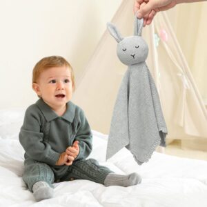 LAWKUL Baby Lovie Knit Newborn Babies Security Blankets Bunny Lovey Cuddly Comforter Safe Loveys for Infant Boy Girl Grey