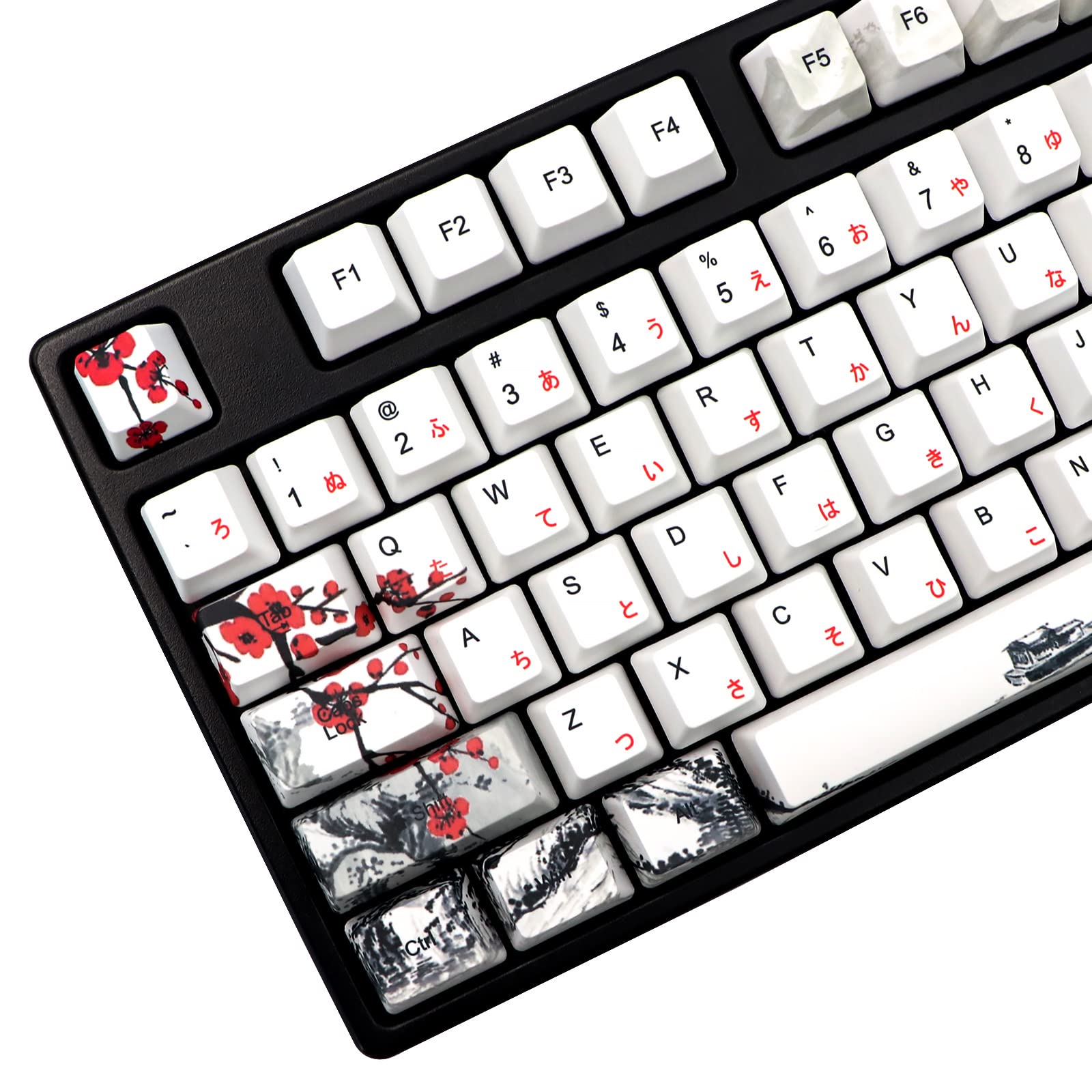 JSJT Plum Blossom Keycaps 135 Keys Japanese Keycaps PBT Custom Keycap Set Cherry Profile Key Caps for US/ISO Layout Cherry MX Switch 64 68 87 96 108 Gaming Mechanical Keyboard(6.25u/7u Spacebar)