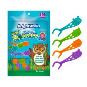 brightworks kids’ mixed berry dental flossers [180 floss picks], plant-based handles, colorful animals add fun to support healthy habits, easy-grip handle, fluoride-coated floss. 60 count (pack of 3)