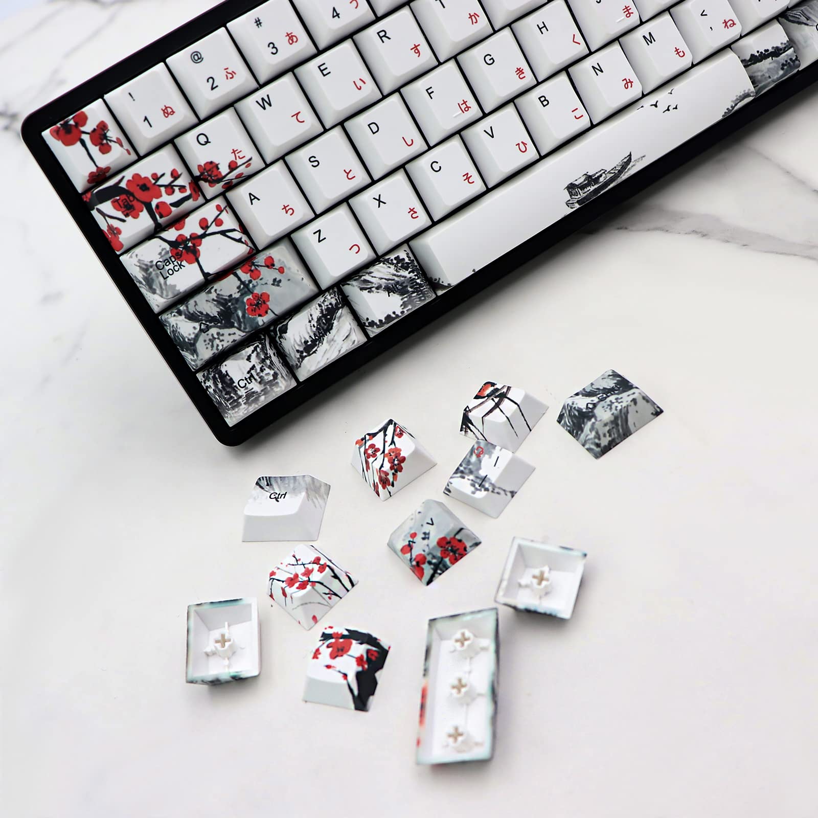 JSJT Plum Blossom Keycaps 135 Keys Japanese Keycaps PBT Custom Keycap Set Cherry Profile Key Caps for US/ISO Layout Cherry MX Switch 64 68 87 96 108 Gaming Mechanical Keyboard(6.25u/7u Spacebar)