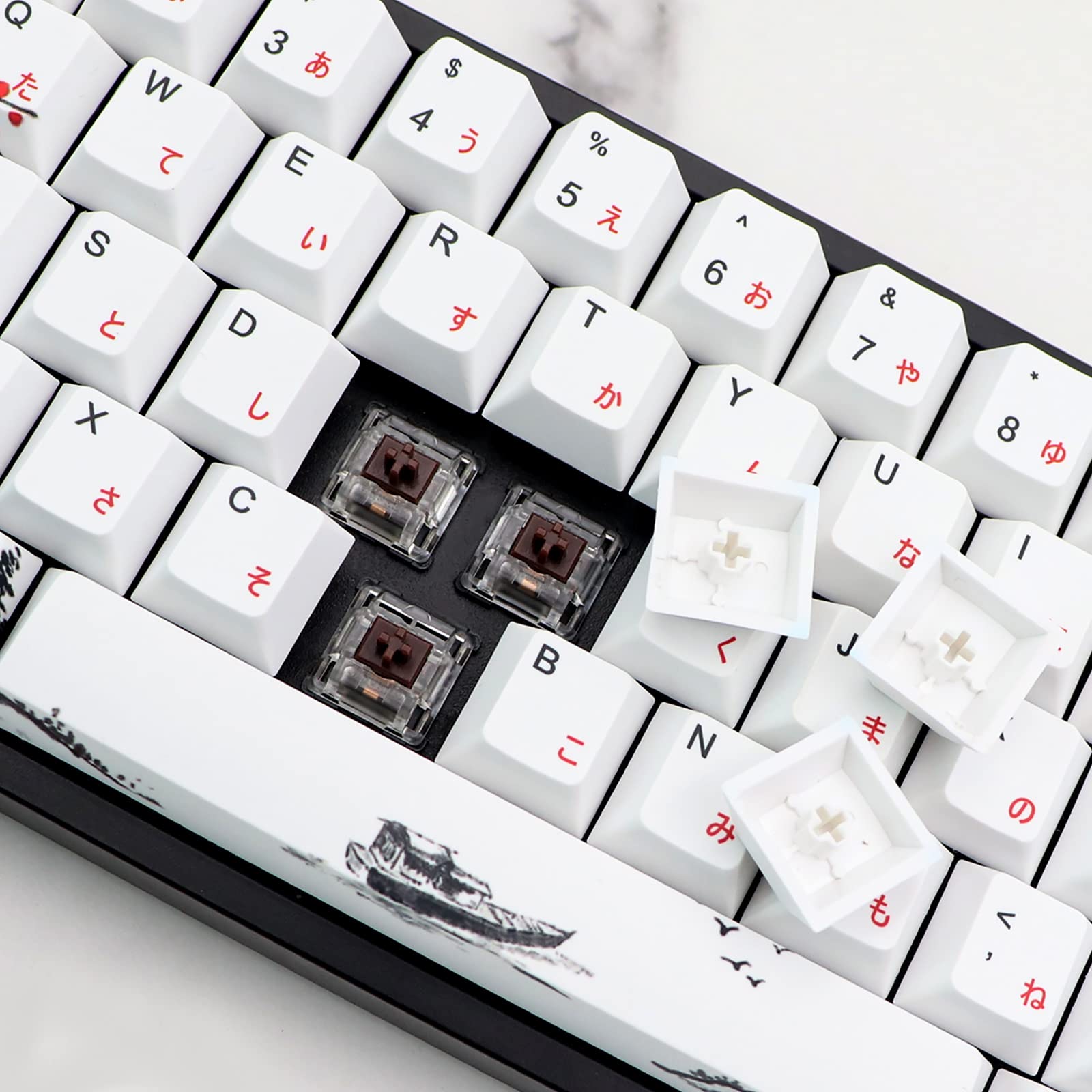 JSJT Plum Blossom Keycaps 135 Keys Japanese Keycaps PBT Custom Keycap Set Cherry Profile Key Caps for US/ISO Layout Cherry MX Switch 64 68 87 96 108 Gaming Mechanical Keyboard(6.25u/7u Spacebar)