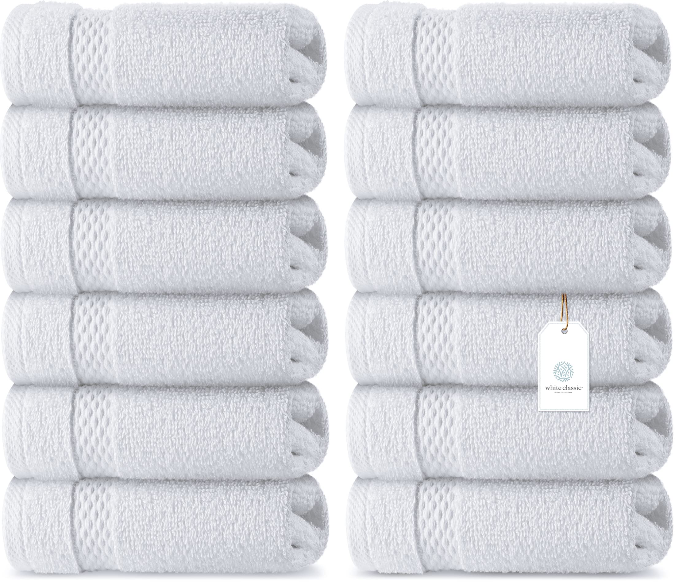 White Classic 2 Luxury White Bath Mats 22 x 34 and 12 Luxury White Washcloths 13 x 13 | Cotton, Highly Absorbent and Quick Dry for Hotels, Spa and Bathroom