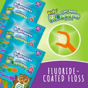 BrightWorks Kids’ Mixed Berry Dental Flossers [180 Floss Picks], plant-based handles, Colorful Animals add Fun to Support Healthy Habits, Easy-Grip Handle, Fluoride-Coated Floss. 60 count (Pack of 3)