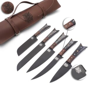 shiny crafts | chef knife black coated kitchen knife set with wood handle and d 2 steel blade, chef’s knives set with leather pouch roll (cs-23)