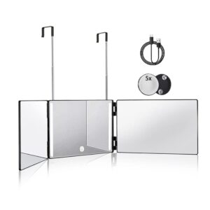 hieey 3 way mirror for hair cutting with led,360 trifold with height adjustable telescoping hooks,and 5x magnification ,for makeup and styling (black)