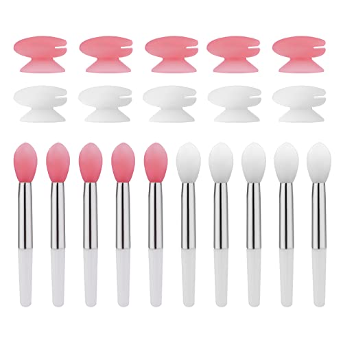 Silicone Lip Brushes with Covers, 10pcs Lip Brushes for Lipsticks and 10pcs Covers, Reusable Lip Applicators Silicone with Cap for Lip Gloss & Balm Eyeshadow Makeup (2 Colors)