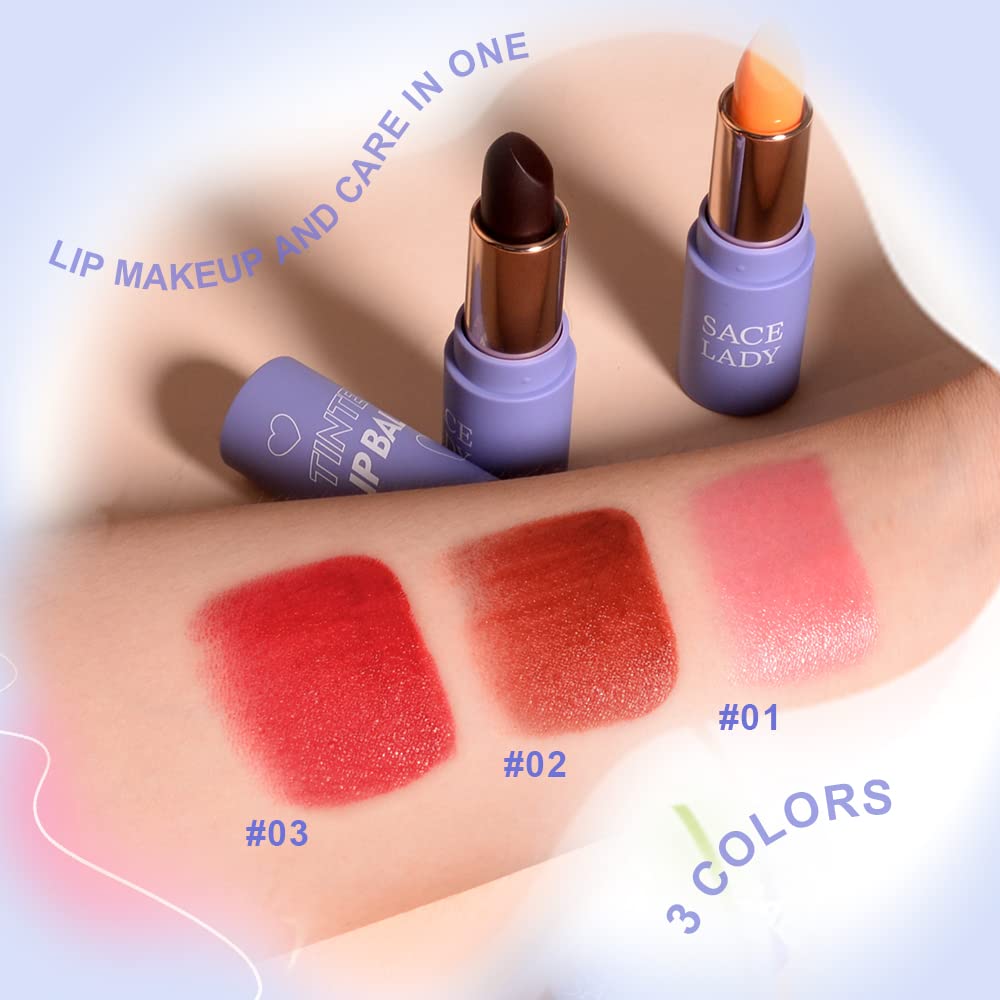 SACE LADY 3 Colors Moisturized Tinted Lip Balm Set, SACE LADY Long Lasting Color Changing Lipstick Kit for Dry Lips, Hydrating Waterproof Lip Make Up, 3Pcs*0.14Oz