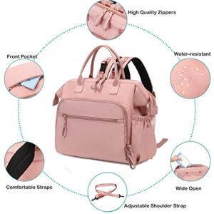 LORADI Convertible Diaper Bag Tote, Wide Open Top 14 Pockets Nappy Backpack with Stroller Clips, Water-resistant (Nylon, Pink)