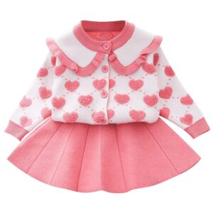 2pcs toddler kids baby girl clothes set tweed plaid long sleeve button top coat pleated mini tutu skirts winter autumn outfits little girls sweater sets suéter de niña pequeña pink heart 18-24months