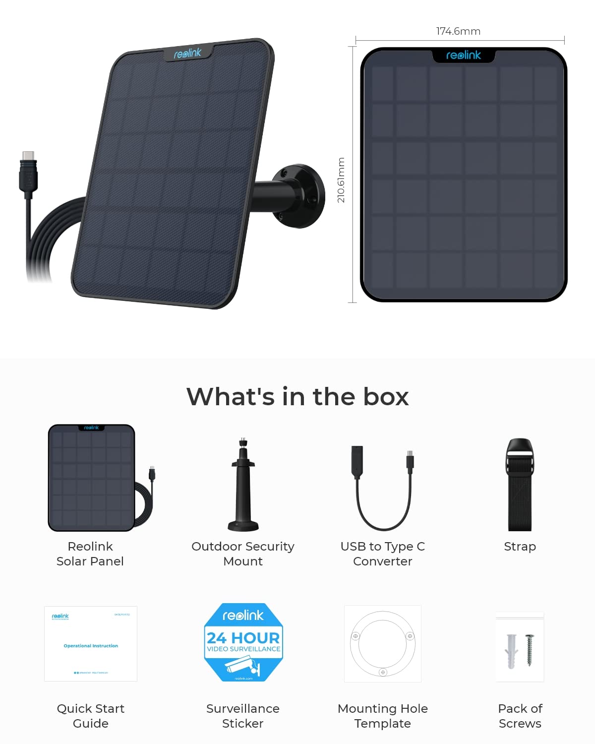 Reolink 6W Solar Panel Black, Non-Stop Solar Power Supply for All Wireless Battery Camera Outdoor, Compatible with TrackMix/Argus PT Ultra/Duo 2/Eco Ultra/3 Ultra, Waterproof, Adjustable Mount(Black)