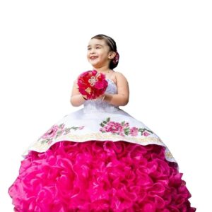 Hot Pink Floral Flower Patterns Ball Gowns for Toddler Infant Cupcake Flower Girl Dresses for Wedding with Straps Gold Embroidery White Satin Ruched 6