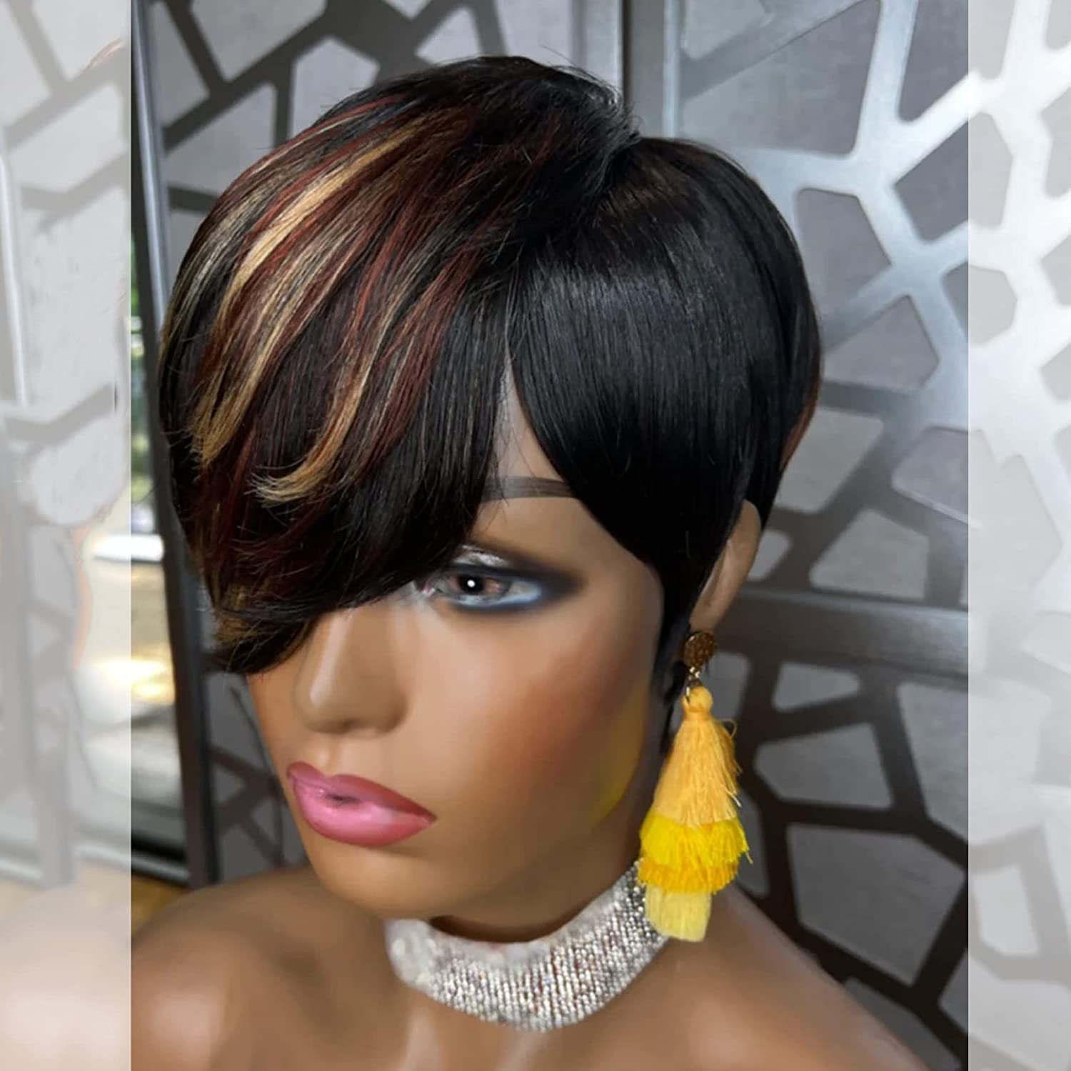 QiaQiaRing Pixie Cut Wigs for Black Women Colorful 1B/27/33 Sidepart Short Layered Pixie Cut Wigs with Bangs 10A Full Machine Made Human Hair Wigs 150% Density