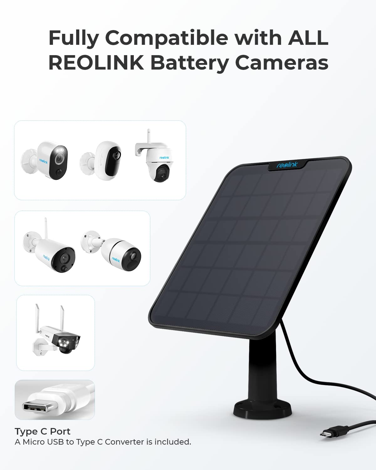 Reolink 6W Solar Panel Black, Non-Stop Solar Power Supply for All Wireless Battery Camera Outdoor, Compatible with TrackMix/Argus PT Ultra/Duo 2/Eco Ultra/3 Ultra, Waterproof, Adjustable Mount(Black)