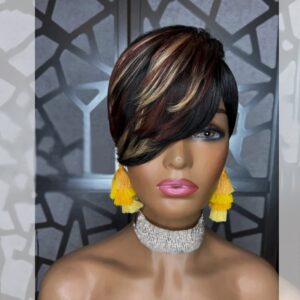 qiaqiaring pixie cut wigs for black women colorful 1b/27/33 sidepart short layered pixie cut wigs with bangs 10a full machine made human hair wigs 150% density