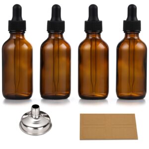 aozita set of 4, 1 oz eye dropper bottles with 1 stainless steel funnels & 4 labels - 30ml thick dark amber glass tincture bottles - leakproof essential oils bottle for storage and travel