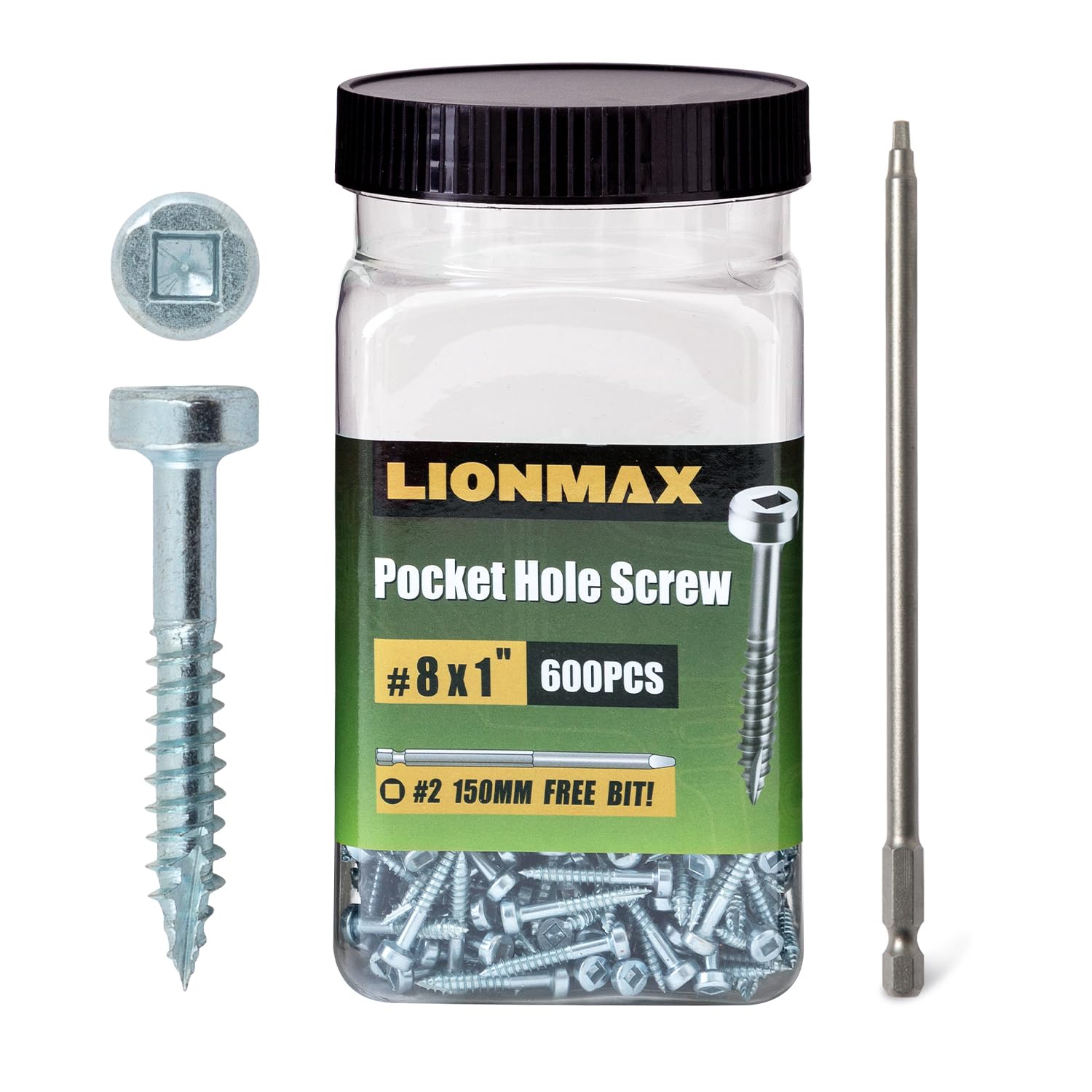 LIONMAX Pocket Screws #8 x 1 Inch Fine Thread, 600PCS Pocket Hole Screws Square Drive, Pan Head, Zinc Plated, for Hardwood, 150MM Drive Bit Included