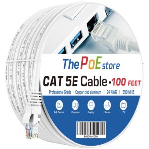 thepoestore 100 ft cat 5 ethernet cable，cat5e internet network lan cables，350mhz rj45 gigabit white snagless patch cord，for pc, server, router, modem, tv, ps5 ethernet device