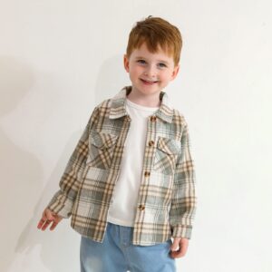 YOUNGER TREE Toddler Baby Boys Girls Jacket Plaid Flannel Long Sleeve Button Down Shacket Kids Boy Coat Fall Winter Top(Grey/Green,3-4T)