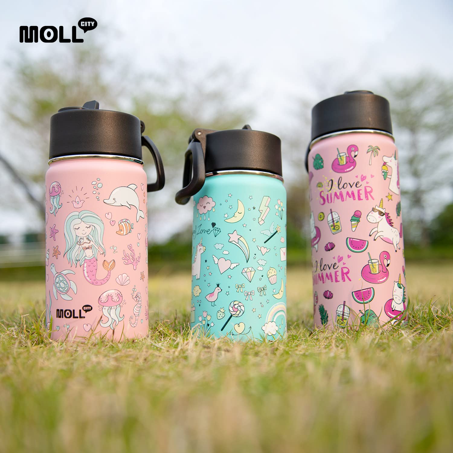 Mollcity 16 oz Stainless Steel Vacuum Insulated Wide Mouth Sports Water Bottle for Back to School-Reusable Metal Water Bottle Flask with Straw for Girls-Mermaid