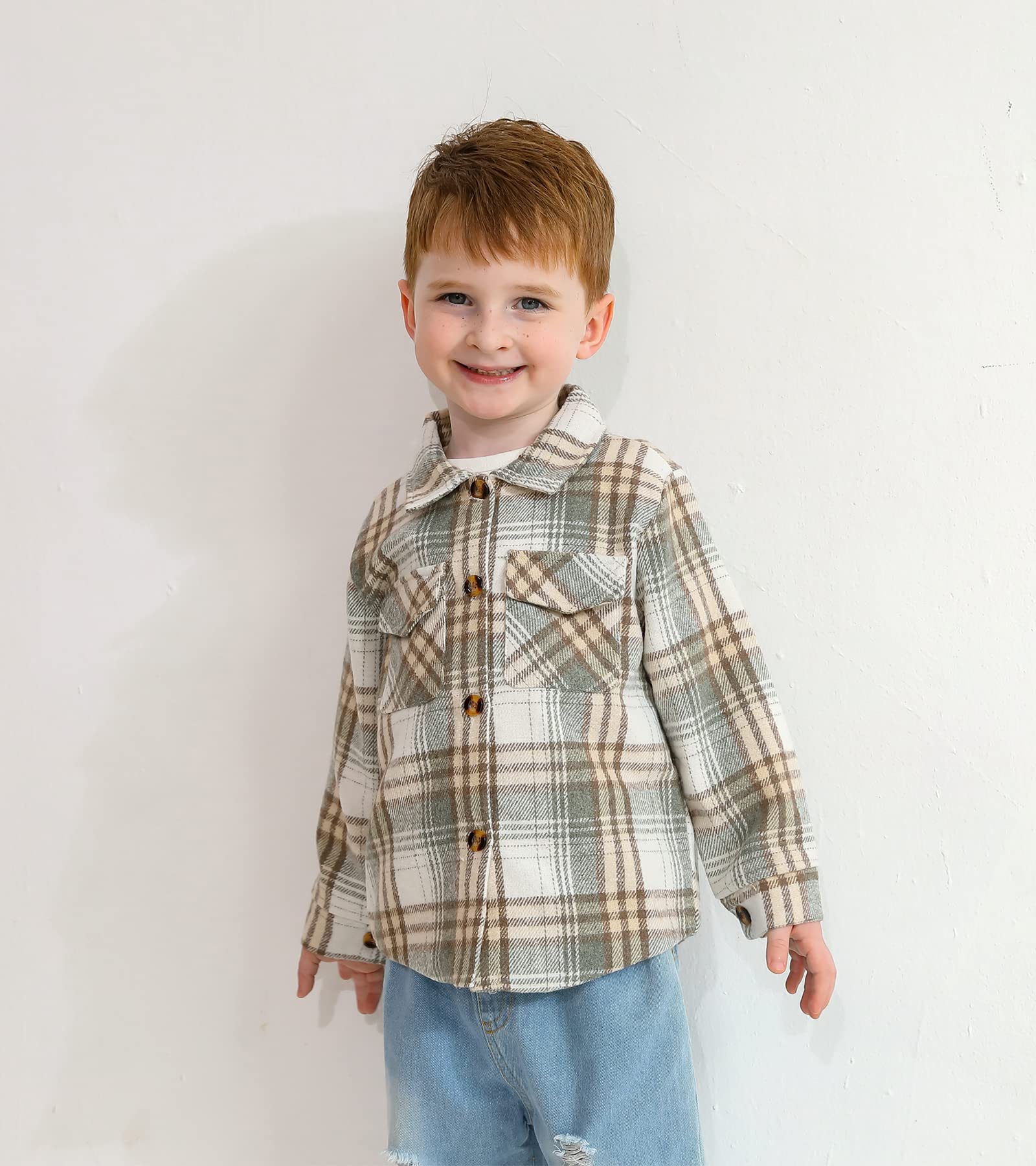 YOUNGER TREE Toddler Baby Boys Girls Jacket Plaid Flannel Long Sleeve Button Down Shacket Kids Boy Coat Fall Winter Top(Grey/Green,3-4T)