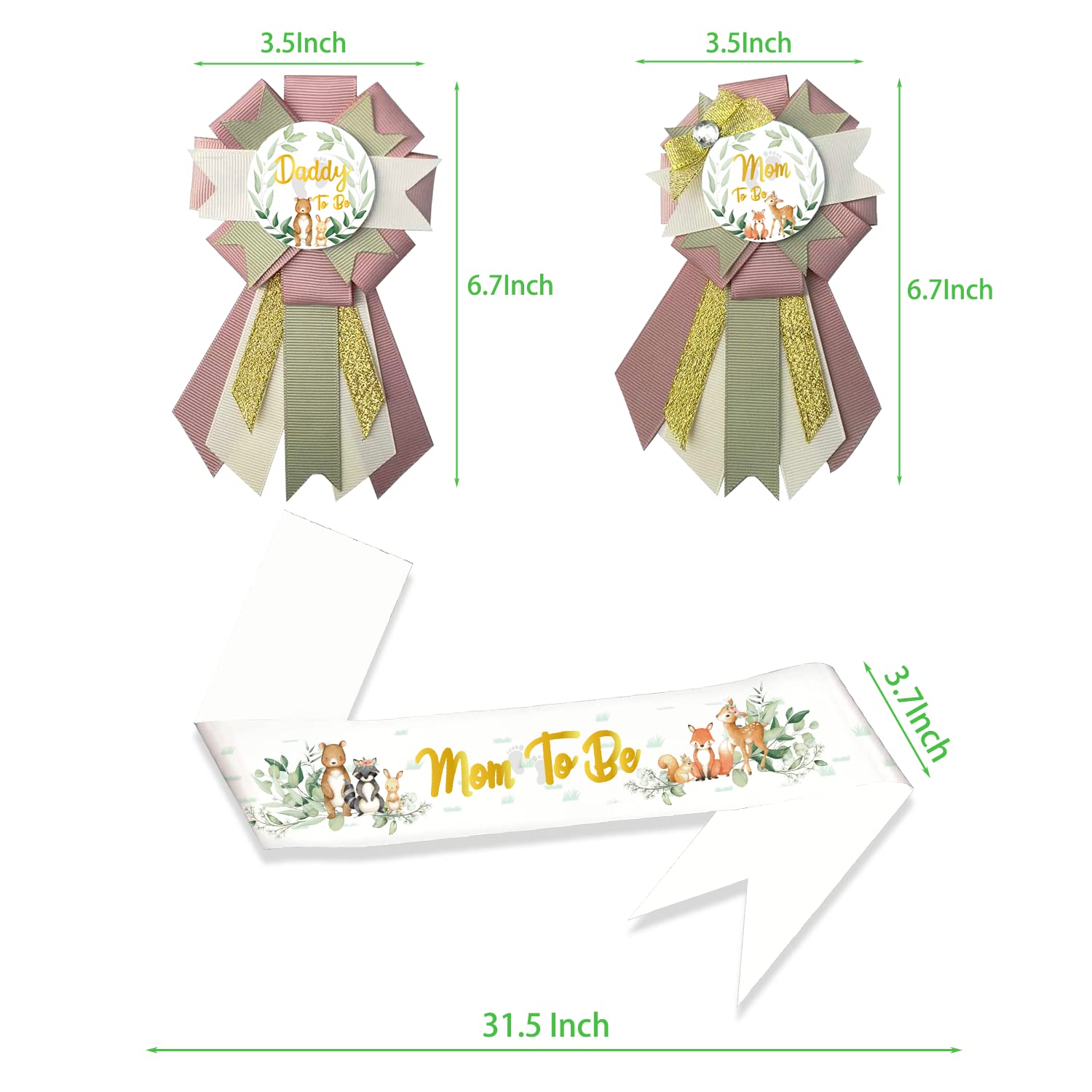 LXlucktim Woodland Baby Shower Sash for Baby Shower, Mom to be SashWoodland Animal Neutral Mom to Be & Daddy to Be Corsage Include Gold Glitter Letters Sash