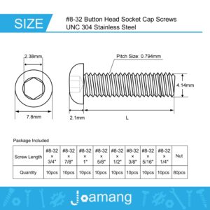 160PCS #8-32 UNC Stainless Steel Button Head Socket Cap Screws Bolts, Nuts Assortment Kit, Includes 8 Most Common Sizes (#8-32×3/4", 7/8", 1", 5/8", 1/2", 3/8", 5/16", 1/4")