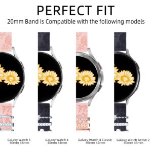 Galaxy Watch Band Charms (20mm Band Included) Compatible with Samsung Galaxy Watch 4 40mm 44mm, Bling Watch Band Charm Decorative Ring Loops with Engraved Sunflower Silicone Band, Black