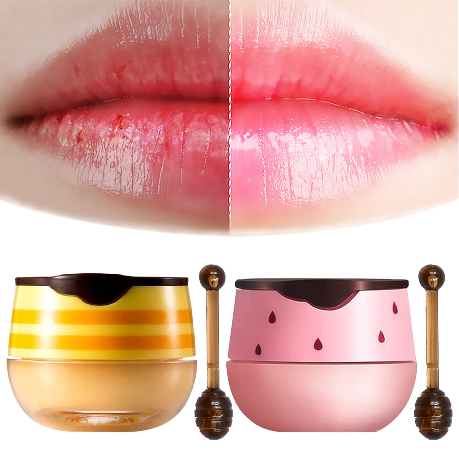 2PCS Lip Balm Honey Pot, Honey Pot Lip Balm for Dry Cracked Lips, Strawberry Lip Balm Scrubs Exfoliator & Moisturizer, Hydrating Lip Balm Honey Pot with Wand, Lip Sleeping Mask (C)