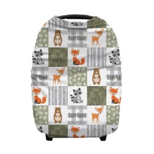 personalized woodland animals baby car seat covers with name, custom nursing cover breastfeeding for babies, carseat canopy for boys and girls, infant stroller cover, breathable carseats cover