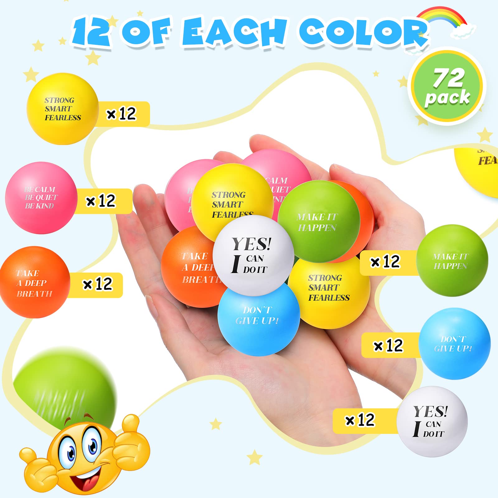 72 Pcs Motivational Stress Balls Colorful Foam Balls Inspirational Stress Relief Balls for Adults Kids Hand Exercise Stress Balls Anxiety Balls Fidget Toys for Motivating Encouraging (Fresh Colors)