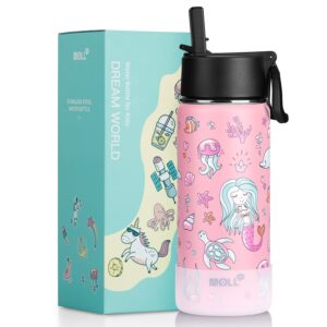 mollcity 16 oz stainless steel vacuum insulated wide mouth sports water bottle for back to school-reusable metal water bottle flask with straw for girls-mermaid