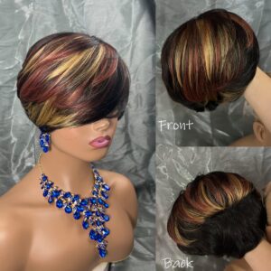 QiaQiaRing Pixie Cut Wigs for Black Women Colorful 1B/27/33 Sidepart Short Layered Pixie Cut Wigs with Bangs 10A Full Machine Made Human Hair Wigs 150% Density