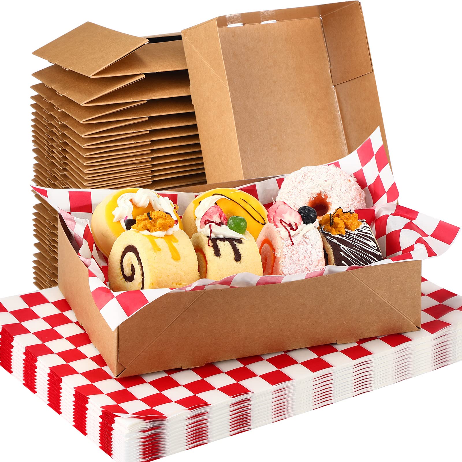 200 Pcs Kraft Paper Food Tray and Checkered Food Wrapping Paper Set 4 Corner Pop up Paperboard Food Box Disposable Foldable Cardboard Trays Brown Greaseproof Food Paper Box for Theater Stadium