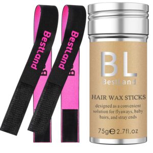 bestland hair wax stick long-lasting hold and natural shine, with 2 pcs wig melting band for front lace wig, edge control hair finishing flyaways slick wax stick for women