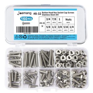 160pcs #8-32 unc stainless steel button head socket cap screws bolts, nuts assortment kit, includes 8 most common sizes (#8-32×3/4", 7/8", 1", 5/8", 1/2", 3/8", 5/16", 1/4")