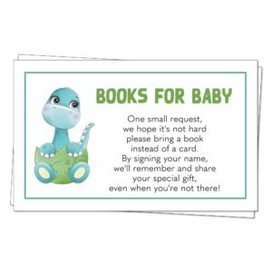 the invite lady dinosaur baby shower bring a book insert little library collection dino egg baby dinosaurs boy blue green shower activity printed cards (25 count)