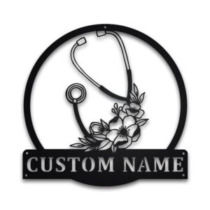 izi pod custom stethoscope floral metal wall art, personalized stethoscope name sign decoration for room, stethoscope home decor/gift-53