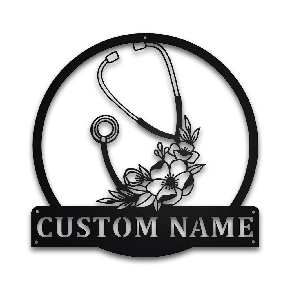 IZI POD Custom Stethoscope Floral Metal Wall Art, Personalized Stethoscope Name Sign Decoration for Room, Stethoscope Home Decor/Gift-53