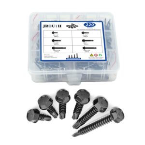 self drilling screws - #8 x 1/2'' to 1-1/2'' hex washer head screw kit, 410 stainless steel black self tapping screws, self tapping sheet metal tek screws 220 pcs