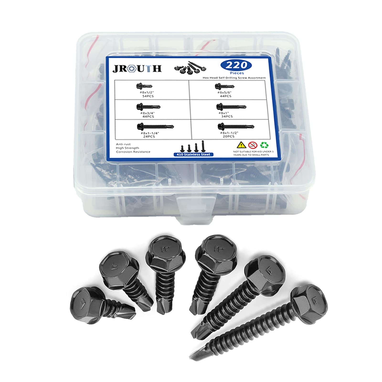 Self Drilling Screws - #8 x 1/2'' to 1-1/2'' Hex Washer Head Screw Kit, 410 Stainless Steel Black Self Tapping Screws, Self Tapping Sheet Metal Tek Screws 220 PCS