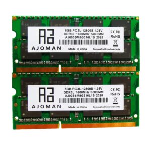 ajoman 16gb kit (2x8gb) pc3l-12800s ddr3l 1600mhz laptop ram non-ecc unbuffered 1.35v ddr3 sodimm cl11 2rx8 dual rank notebook memory