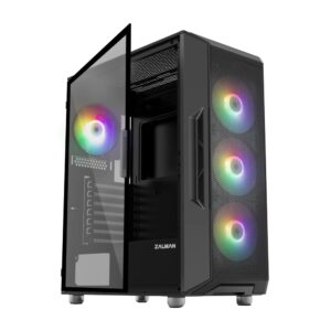 zalman i3 neo atx mid tower gaming pc case - 4 x 120mm fixed rgb fans preinstalled - mesh front panel for high airflow - tempered glass side panel, black