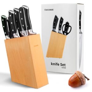 oaksware knife sets, 8 piece knife set for kitchen with block, german stainless steel chef knives set with ergonomic handle