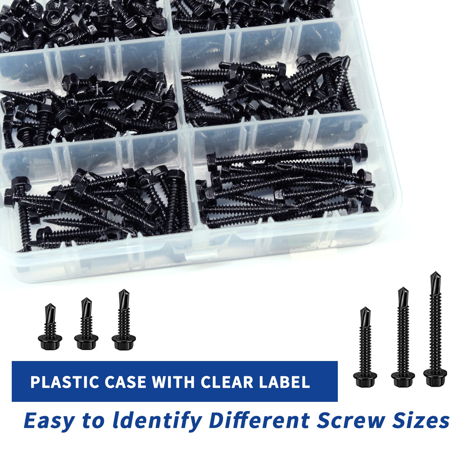 Self Drilling Screws - #8 x 1/2'' to 1-1/2'' Hex Washer Head Screw Kit, 410 Stainless Steel Black Self Tapping Screws, Self Tapping Sheet Metal Tek Screws 220 PCS