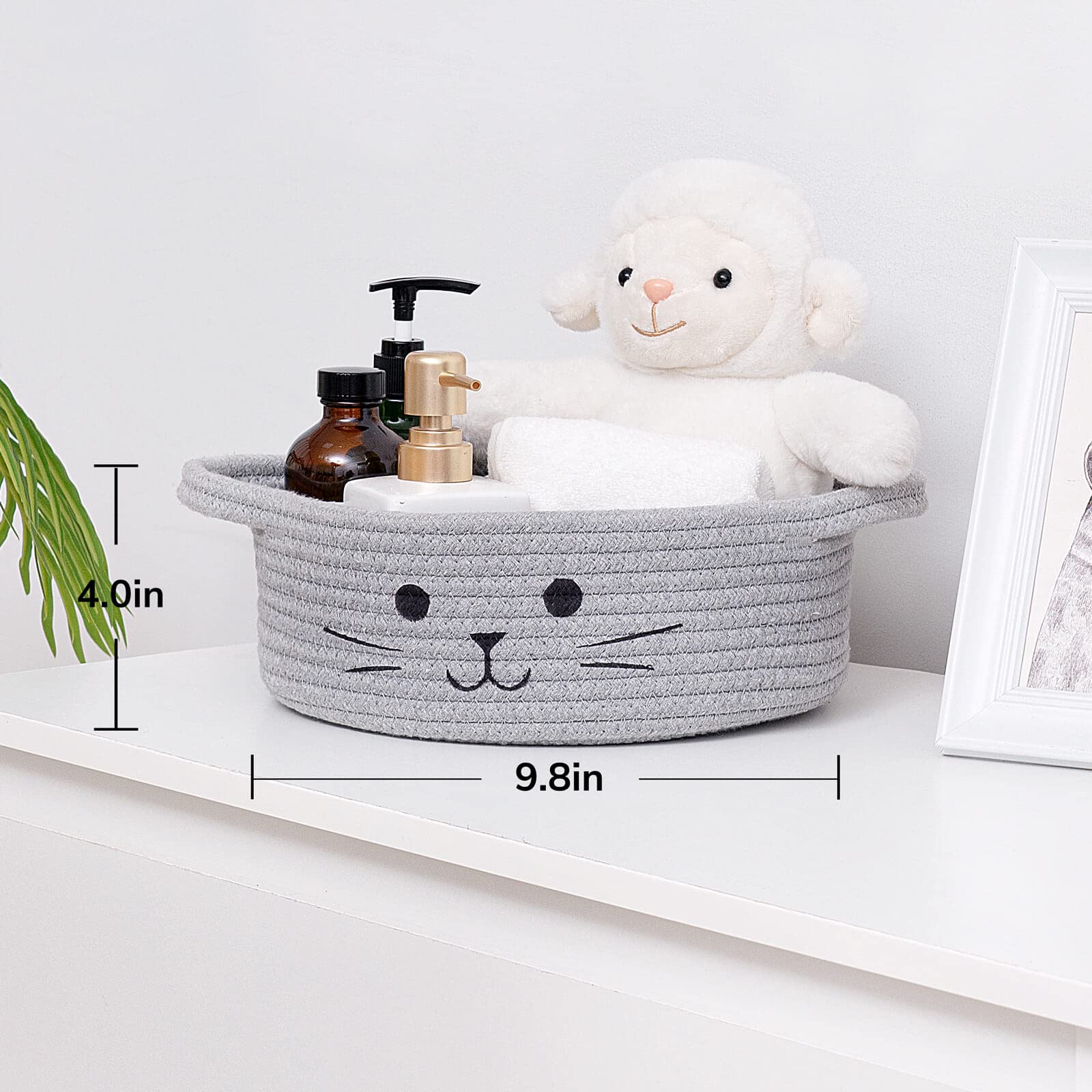 HiChen Small Woven Rope Storage Basket, Cute Cat Toy Basket for Living Room, Baby Basket for Nursery, Gift Basket Empty for Baby Shower, Grey, 9.8 x 4 inches