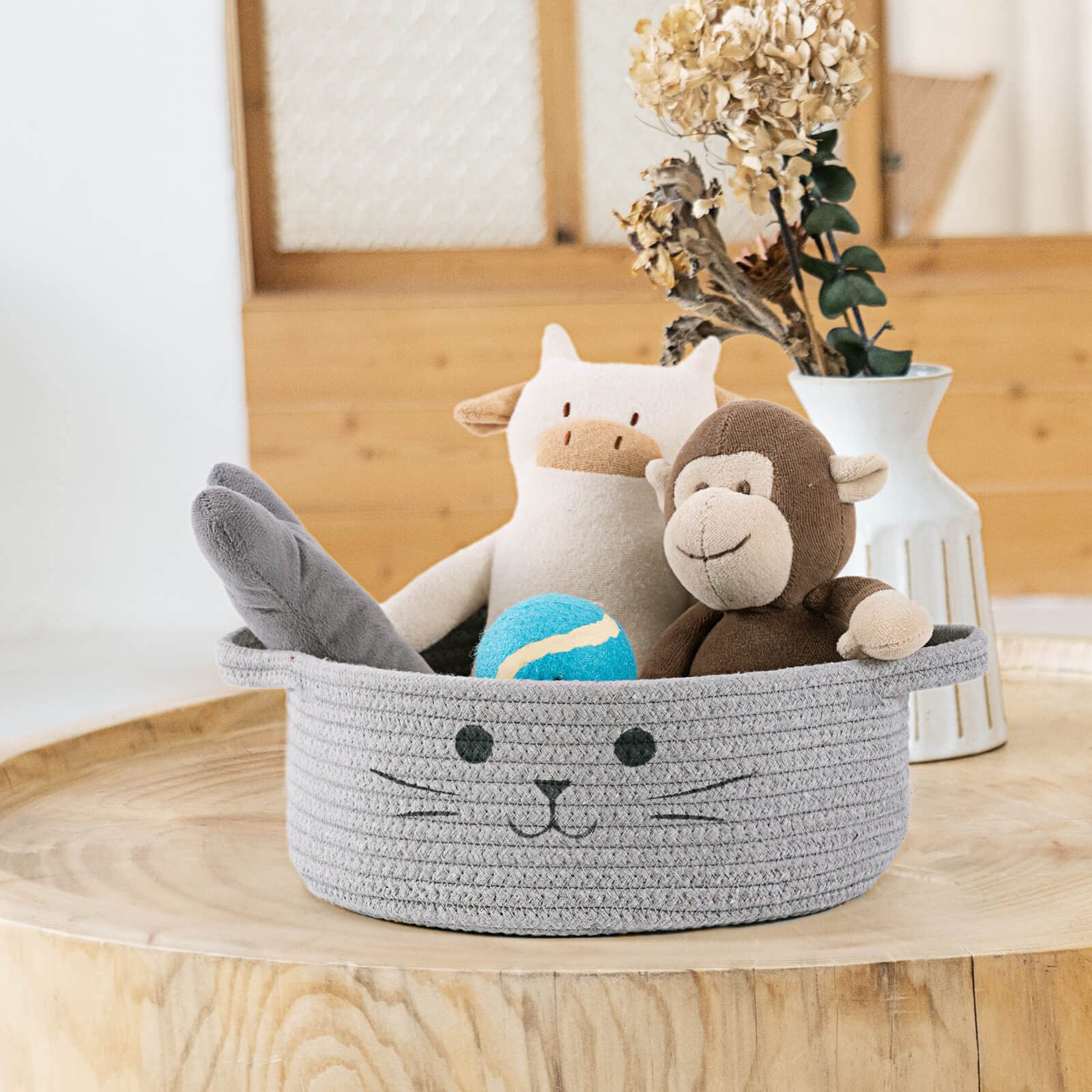 HiChen Small Woven Rope Storage Basket, Cute Cat Toy Basket for Living Room, Baby Basket for Nursery, Gift Basket Empty for Baby Shower, Grey, 9.8 x 4 inches