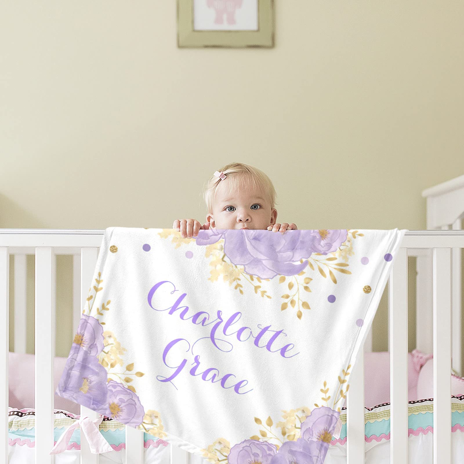 Personalized Baby Blankets Custom Baby Blanket for Girls with Name Personalized Baby Gifts for Girls Pink Soft Girl Blanket - Purple Floral Crown 30x40in