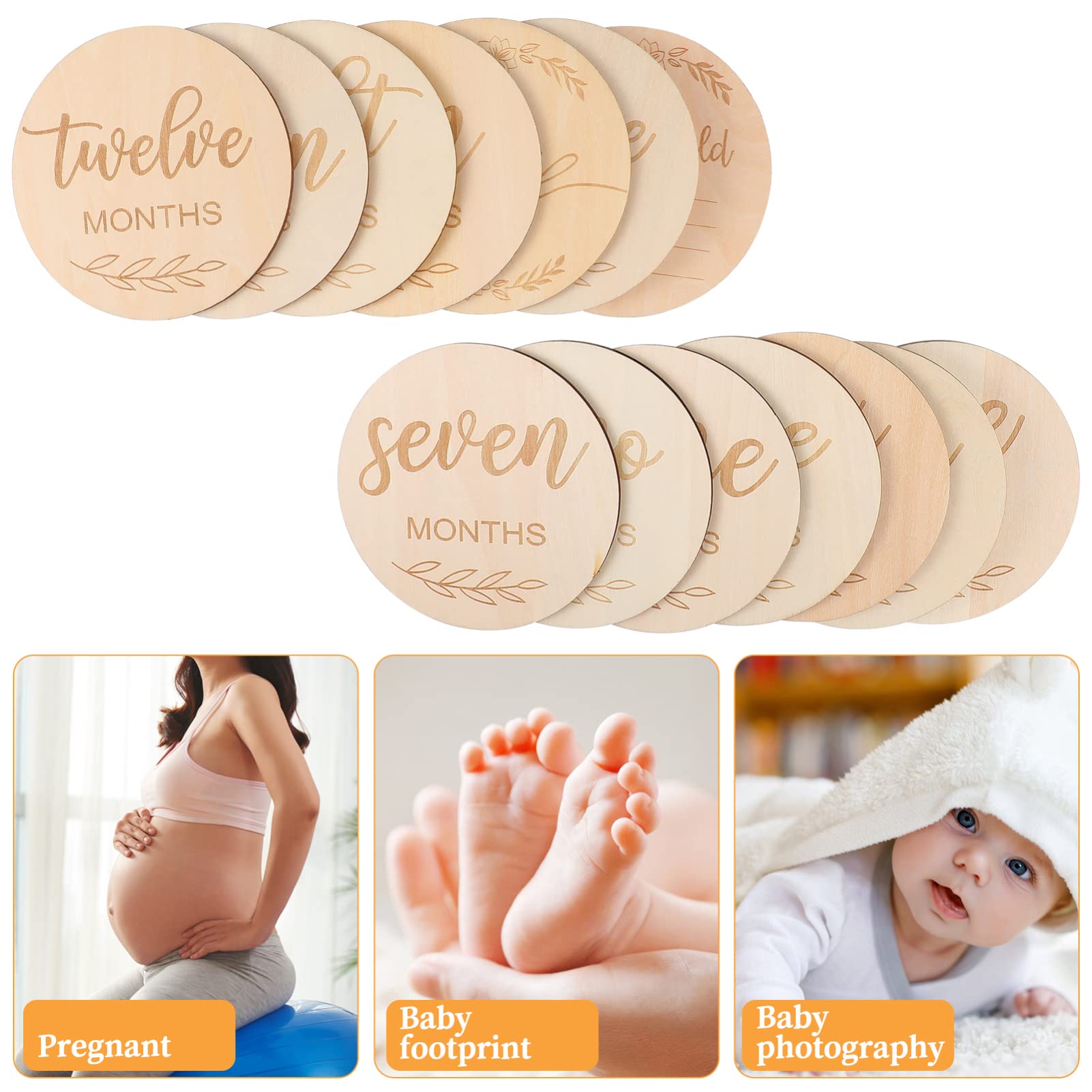 Toyvian 1 Set Baby Monthly Milestone Photo Cards, Wooden Baby Announcement Cards, Double Sided Photo Prop Milestone Discs, Pregnancy Journey Milestone Markers, Light Wood